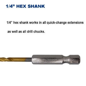 Pack of 6, 5/32-Inch Titanium Nitride Coated Drill Bit, Hex Shank, Premium M2 High Speed Steel, for Metal, Plastic, Wood