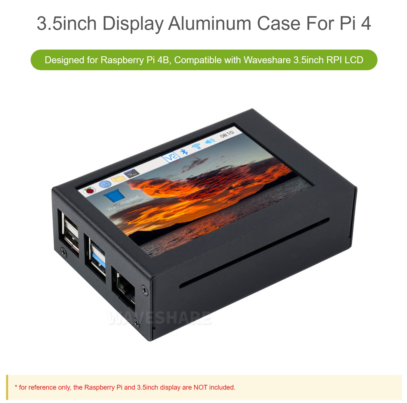 waveshare 3.5inch Display Aluminum Case for Raspberry Pi 4B, Compatible 3.5inch RPI LCD, with Heatsinks for Better Cooling, Precise Opening Design