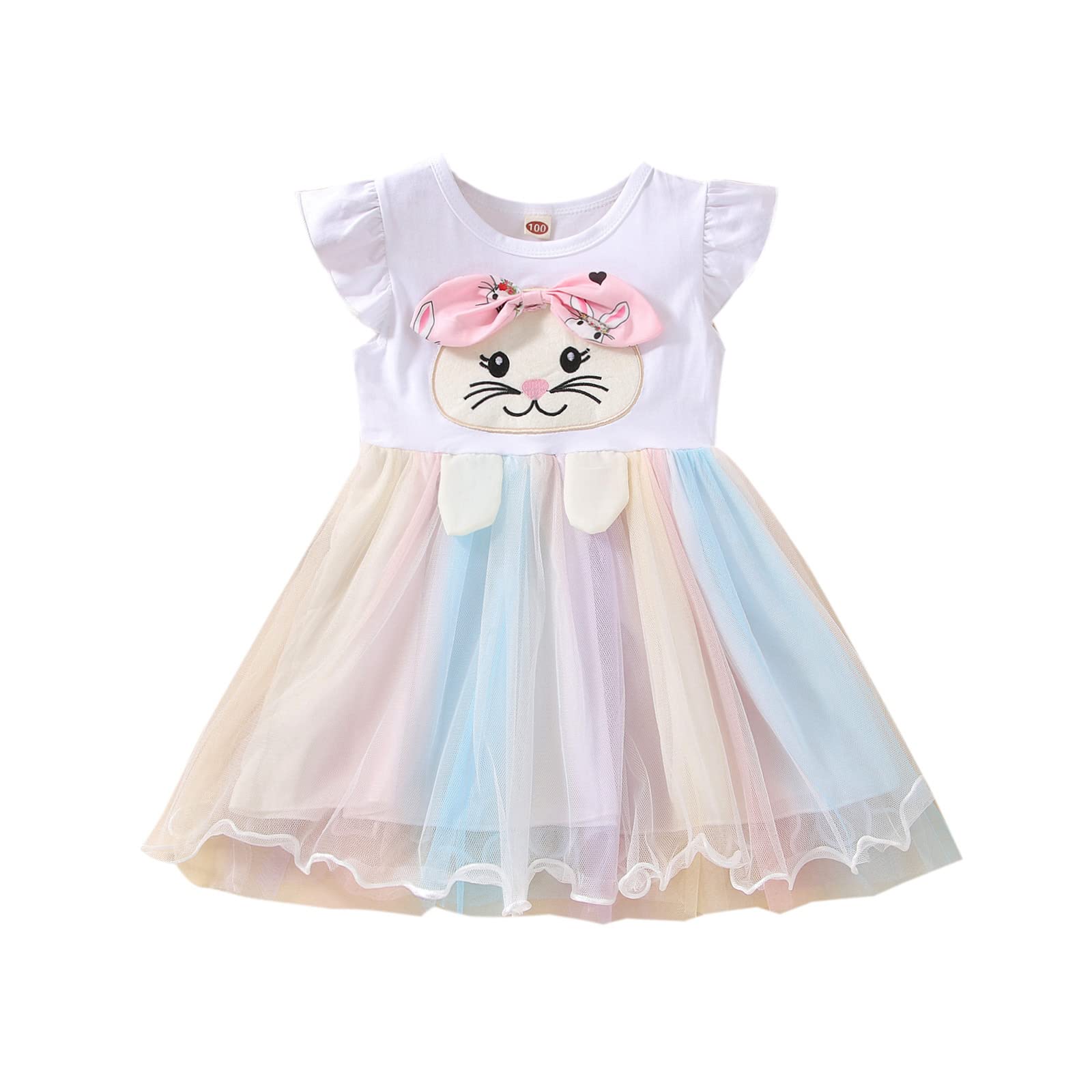 Kids Toddler Baby Girls Easter Dresses Outfits Clothes Flutter Sleeve Easter Bunny Princess Tulle Tutu Dress Playwear Sundress 18-24 Months Rainbow