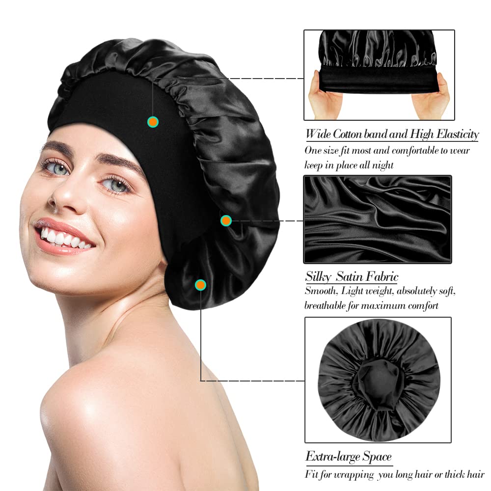 3 Pack Long Silky Sleep Bonnet for Curly Hair, Extra Large Hair Bonnets for Dreadlock and Braids , Long Satin Sleeping Caps Night Cap for Women