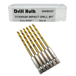 pack of 6, 5/32-inch titanium nitride coated drill bit, hex shank, premium m2 high speed steel, for metal, plastic, wood