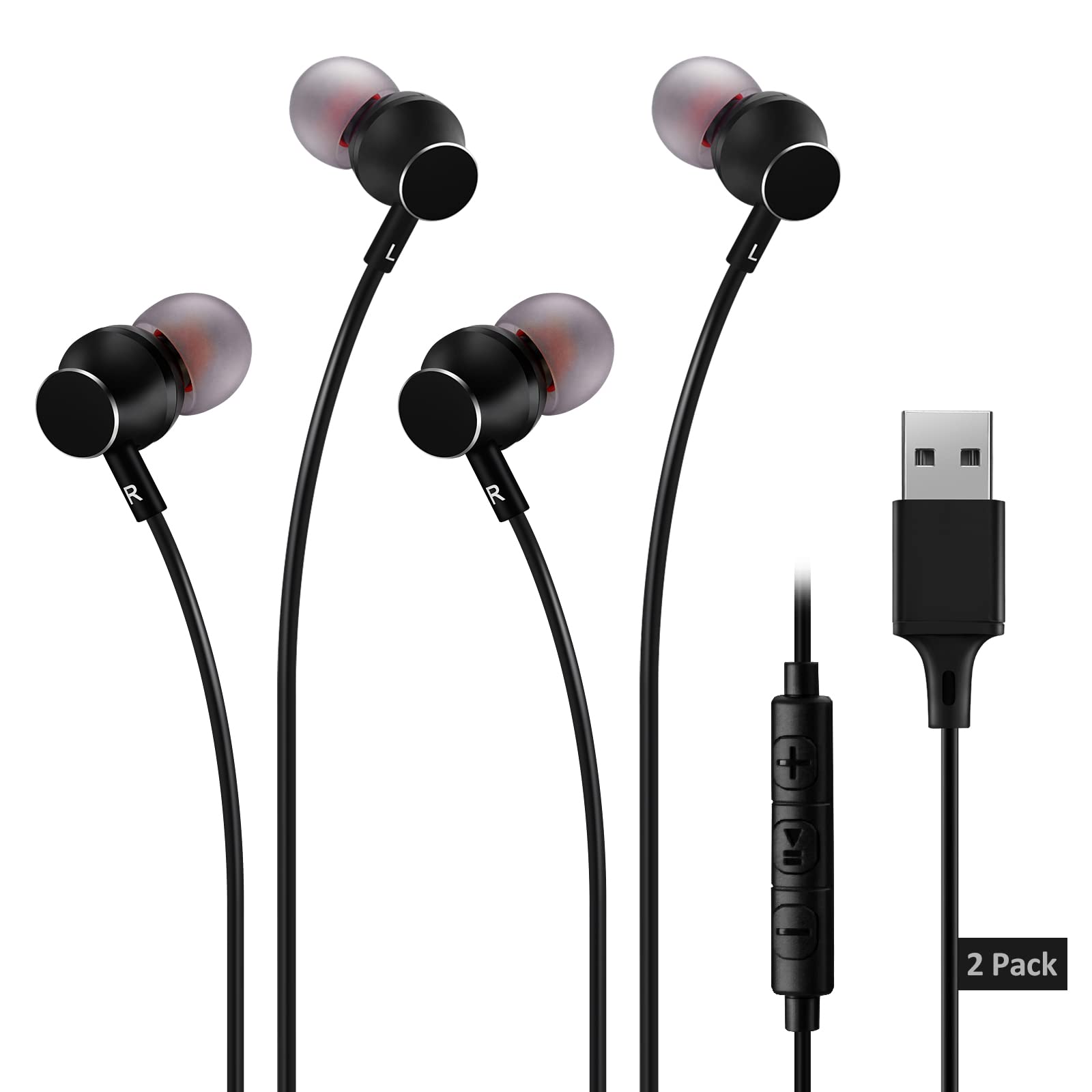 C G CHANGEEK USB Earbuds for Computer, in-Ear USB-A Headphones with Microphone, 1.8M, 2 Pack, 2023 Version