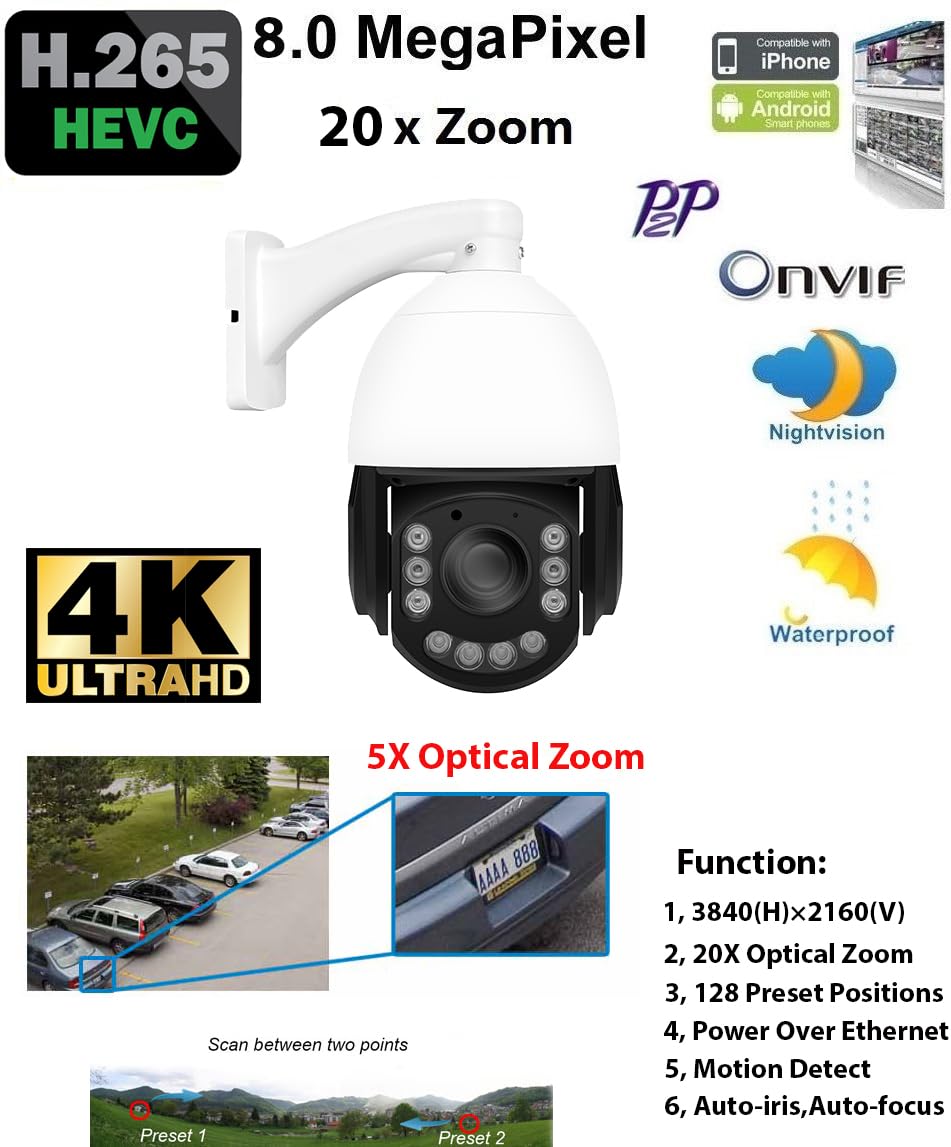 GW Security 8MP Pan Tilt Zoom IP PoE 20X Optical Zoom 4K 3840 x 2160p Outdoor Indoor Security Speed Dome PTZ Camera with 330ft IR Night Vision (GW810PTZ)