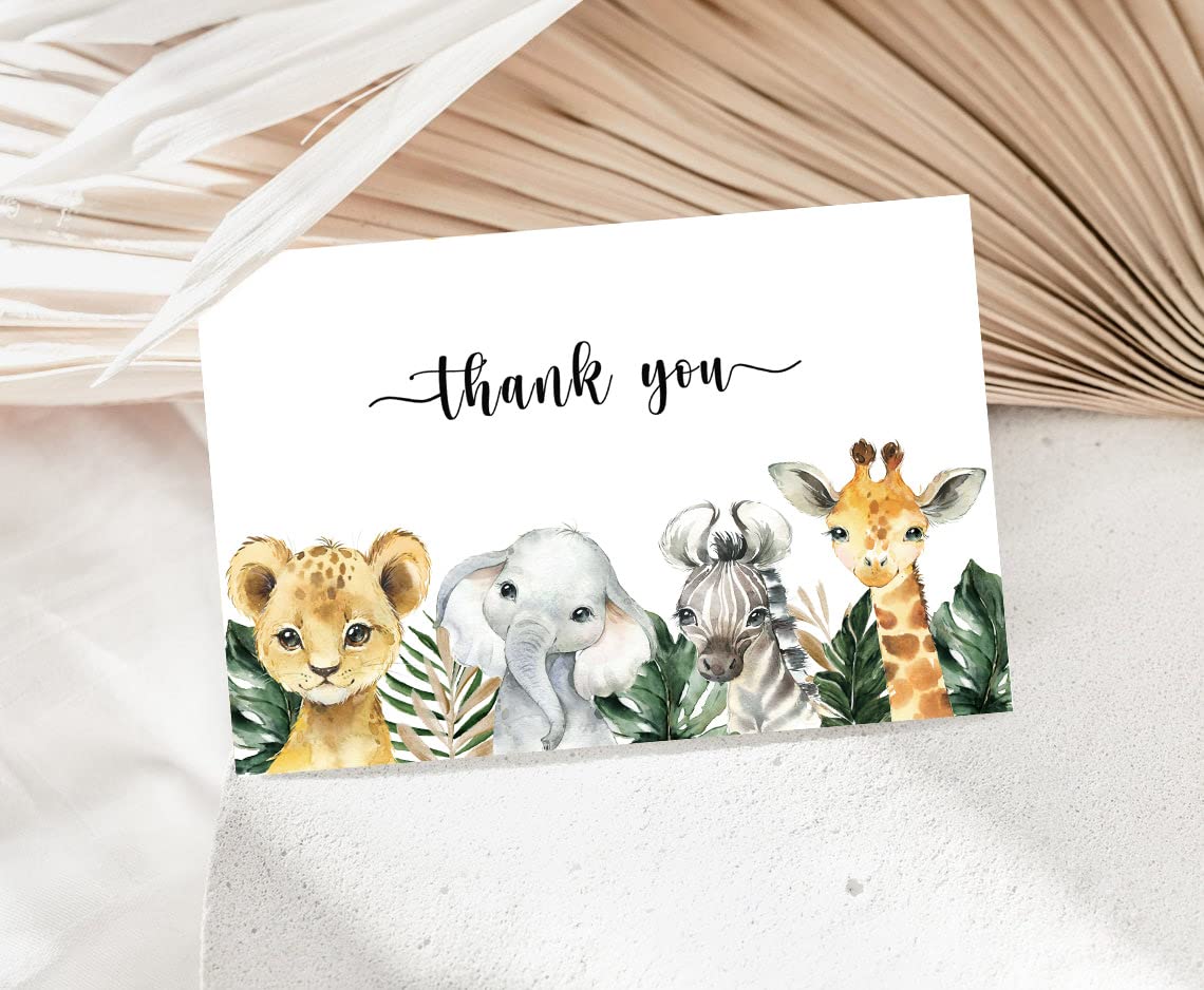 Safari Jungle Thank You Cards With Envelopes, 50 Jungle Animals Folded Baby Shower Thank You Note, 4 x 6 Wild one Notecards, Perfect for Baby Shower & Kids Birthday