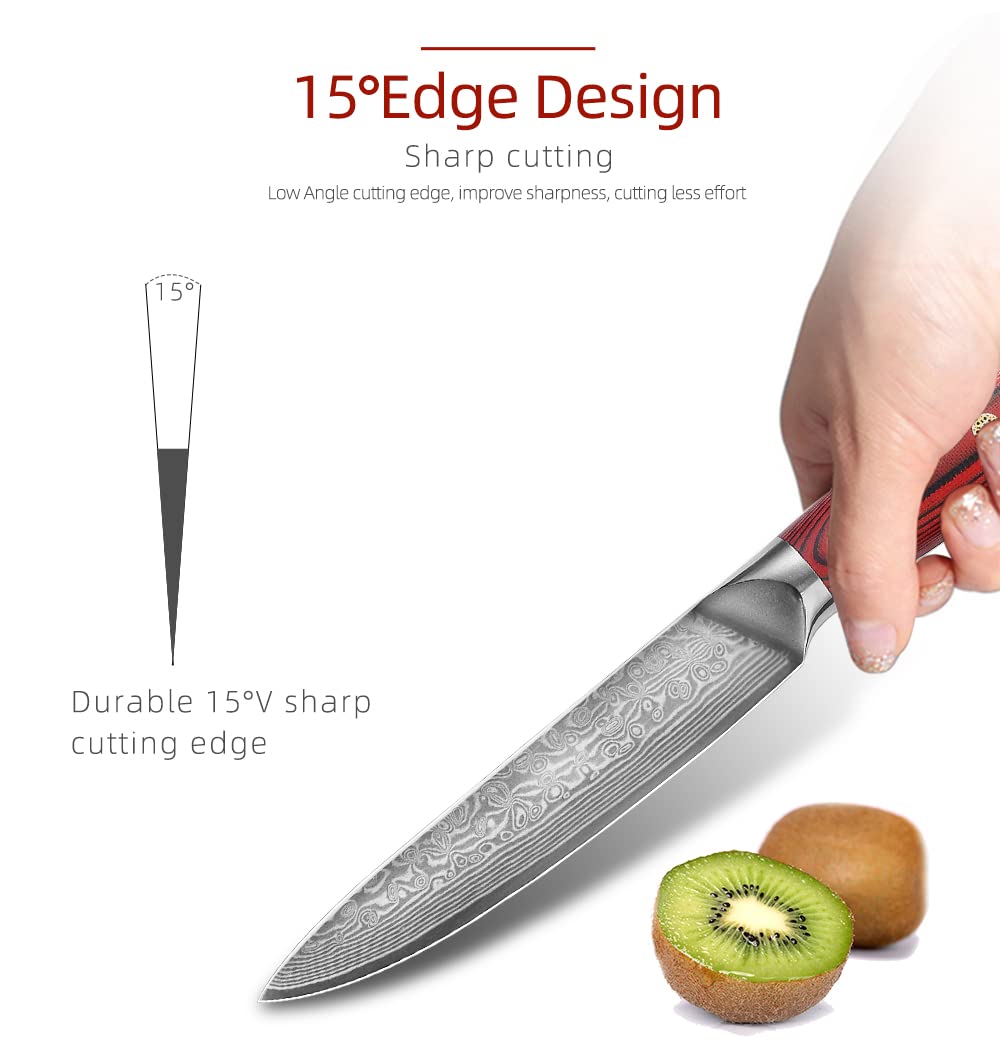 Damascus Knife 5 Inch, Damascus Kitchen Utility Knife 5 Inch, Damascus Chef Knife 5 Inch,Japanese VG10 edge, Red G10 Handle with Triple Rivets for Vegetables and Fruits in Gift Box