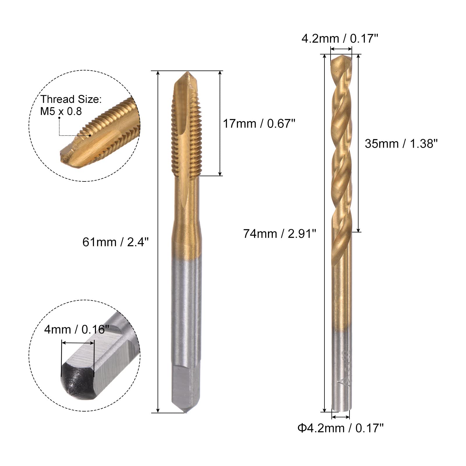 uxcell M5 x 0.8 Spiral Point Thread Tap and 4.2mm Twist Drill Bit Set, Metric Titanium Plated 6542 High Speed Steel Machine Screw Thread Tap Threading Tool