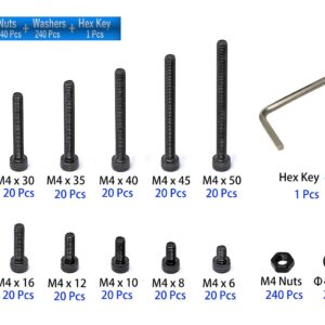 iexcell 720 Pcs M4 x 6/8/10/12/16/20/25/30/35/40/45/50 Alloy Steel 12.9 Grade Hex Socket Head Cap Screws Bolts Washers Assortment Kit, Black Oxide Finish