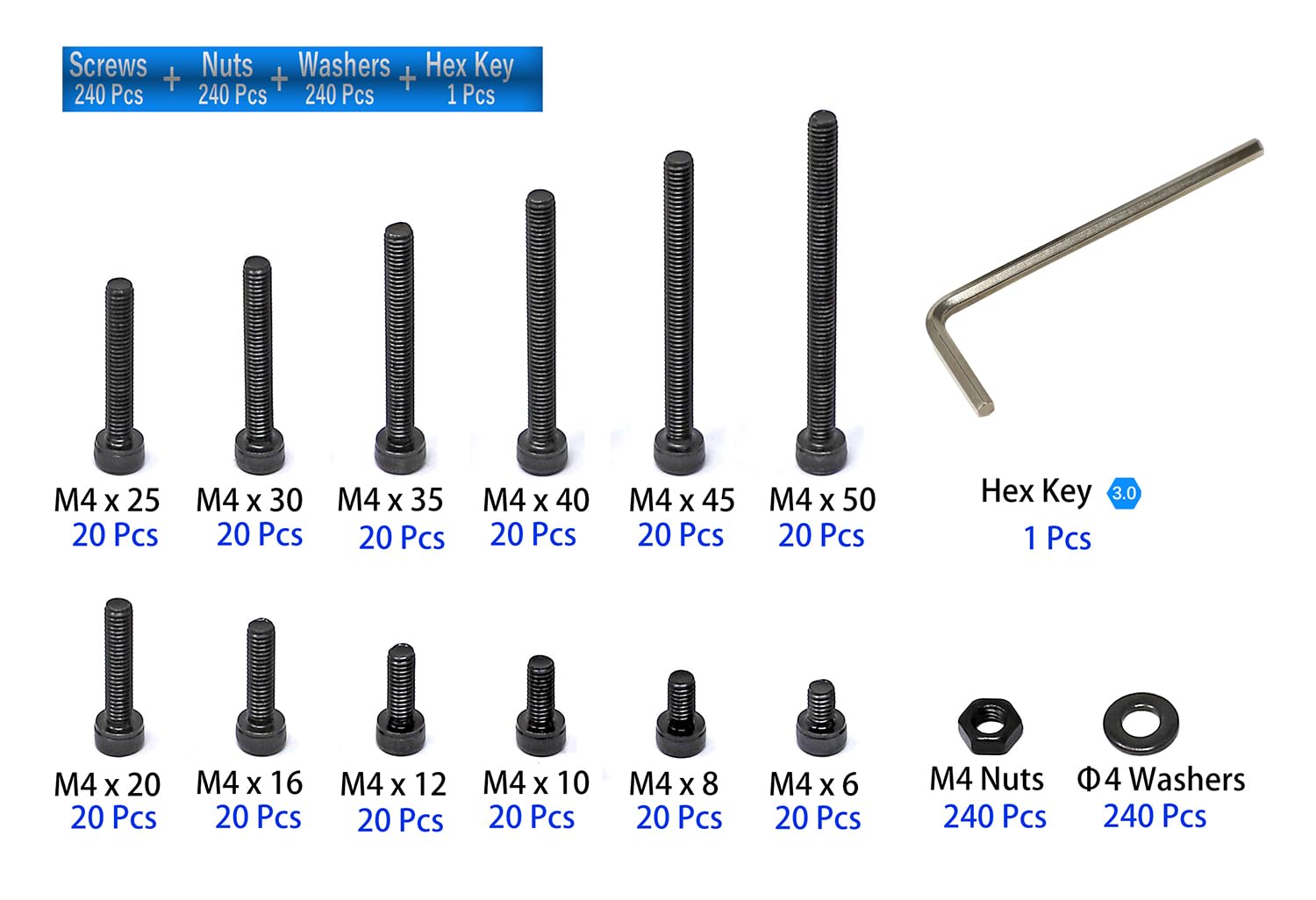 iexcell 720 Pcs M4 x 6/8/10/12/16/20/25/30/35/40/45/50 Alloy Steel 12.9 Grade Hex Socket Head Cap Screws Bolts Washers Assortment Kit, Black Oxide Finish