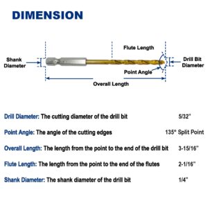 Pack of 6, 5/32-Inch Titanium Nitride Coated Drill Bit, Hex Shank, Premium M2 High Speed Steel, for Metal, Plastic, Wood