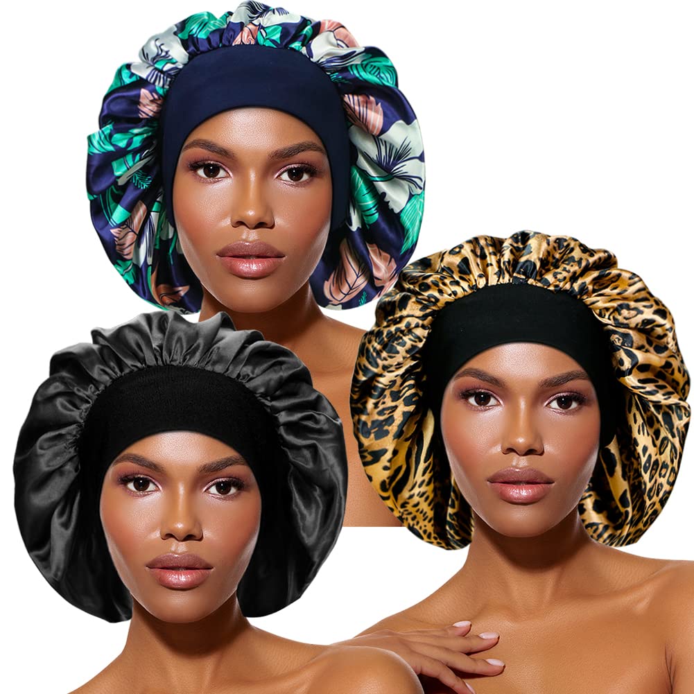 3 Pack Long Silky Sleep Bonnet for Curly Hair, Extra Large Hair Bonnets for Dreadlock and Braids , Long Satin Sleeping Caps Night Cap for Women