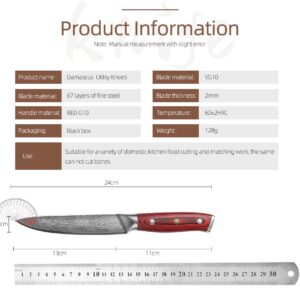 Damascus Knife 5 Inch, Damascus Kitchen Utility Knife 5 Inch, Damascus Chef Knife 5 Inch,Japanese VG10 edge, Red G10 Handle with Triple Rivets for Vegetables and Fruits in Gift Box