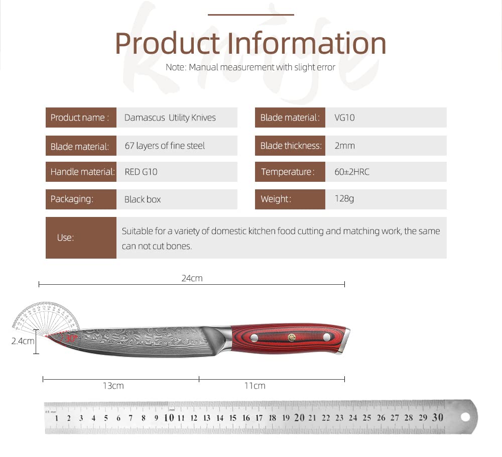 Damascus Knife 5 Inch, Damascus Kitchen Utility Knife 5 Inch, Damascus Chef Knife 5 Inch,Japanese VG10 edge, Red G10 Handle with Triple Rivets for Vegetables and Fruits in Gift Box