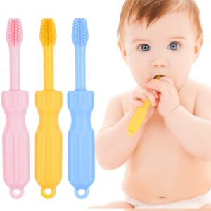 nibaby 0-6 months 6-12 months 3-pack silicone teething toys for babies toothbrush shape baby teether toys bpa free freezable dishwasher (pink/yellow/blue)