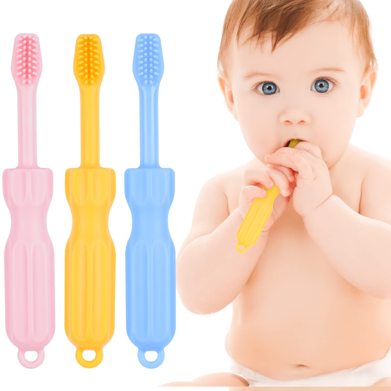 NiBaby 0-6 Months 6-12 Months 3-Pack Silicone Teething Toys for Babies Toothbrush Shape Baby Teether Toys BPA Free Freezable Dishwasher (Pink/Yellow/Blue)