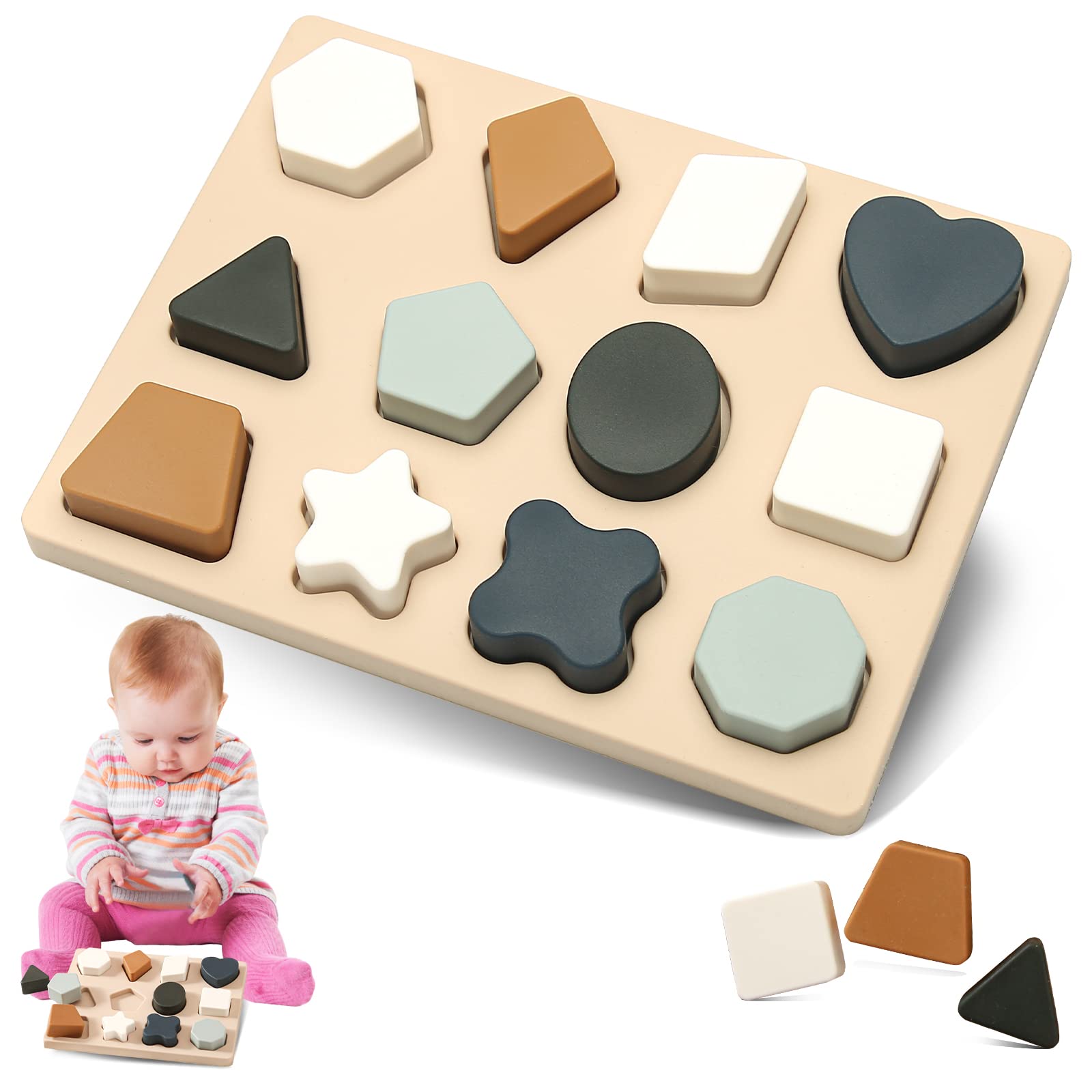 Promise Babe Shape Sorter Puzzles for Toddlers, Silicone Baby Soft Stacking Block Toys Montessori Preschool Shape Learning Puzzle Toy Sensory Teaching Gift for Boys Girls 3+