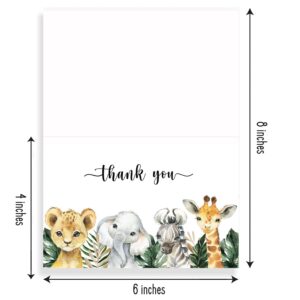 Safari Jungle Thank You Cards With Envelopes, 50 Jungle Animals Folded Baby Shower Thank You Note, 4 x 6 Wild one Notecards, Perfect for Baby Shower & Kids Birthday