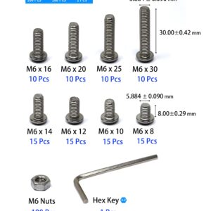 iexcell 200 Pcs M6 x 8/10/12/14/16/20/25/30 Stainless Steel 304 Hex Socket Button Head Cap Screws Bolts Nuts Assortment Kit