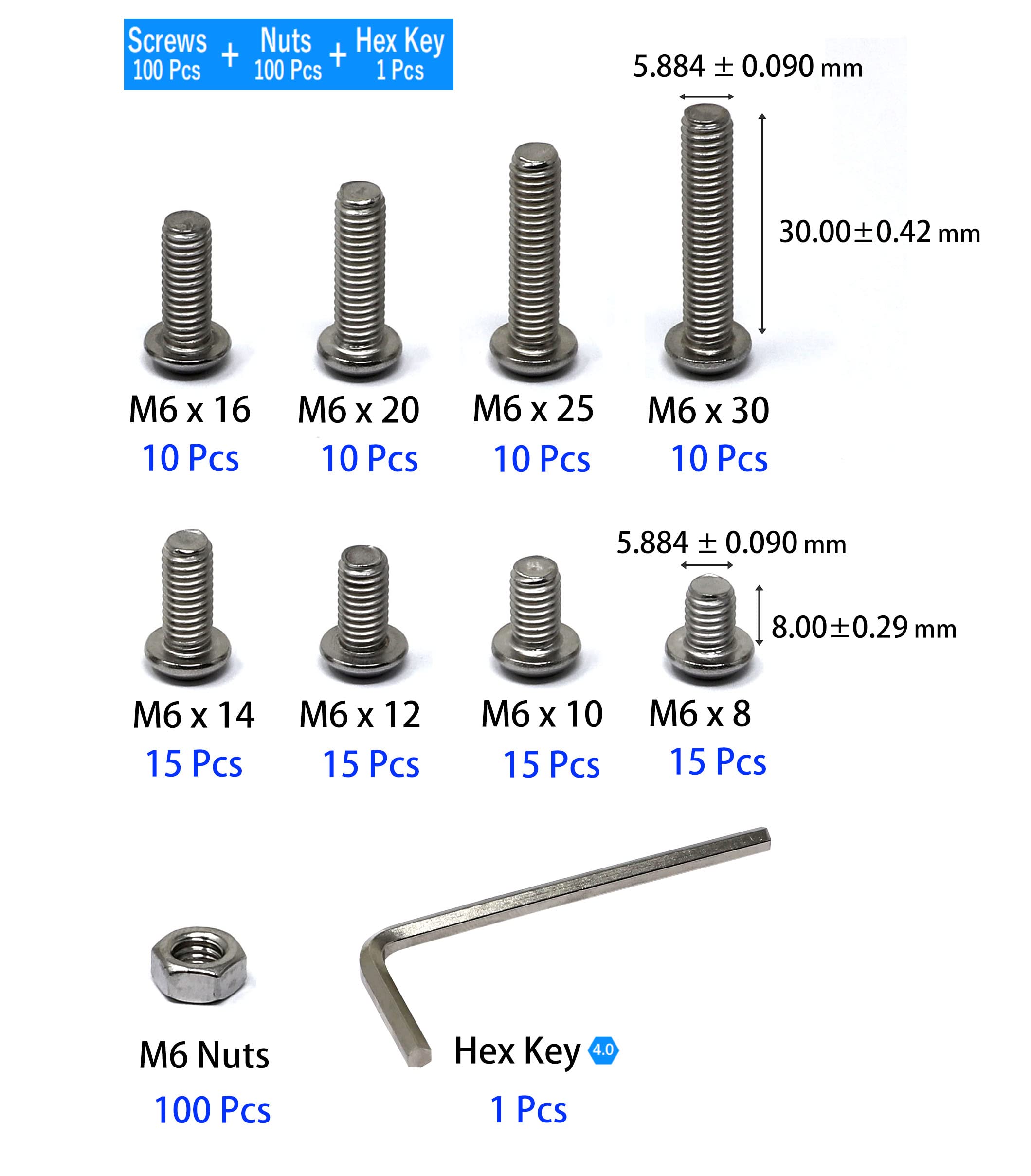 iexcell 200 Pcs M6 x 8/10/12/14/16/20/25/30 Stainless Steel 304 Hex Socket Button Head Cap Screws Bolts Nuts Assortment Kit