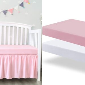 Biloban Fitted Crib Sheets for Standard Crib & Crib Skirt Pleated Dust Ruffle Pink