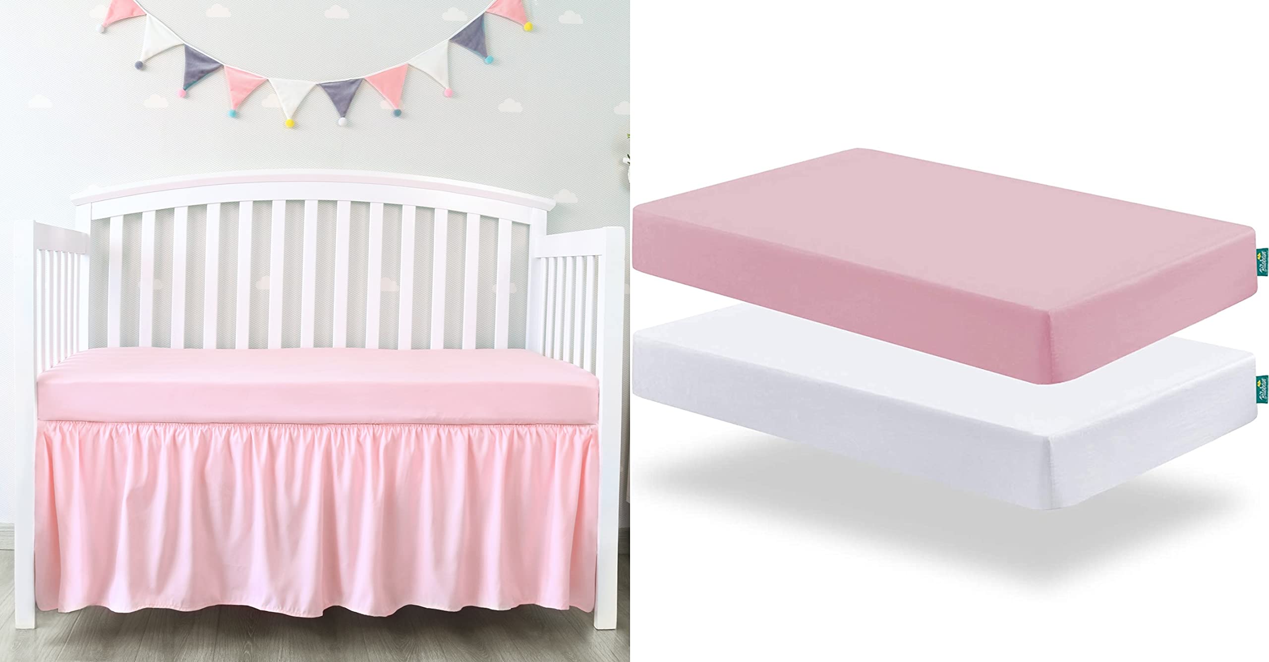 Biloban Fitted Crib Sheets for Standard Crib & Crib Skirt Pleated Dust Ruffle Pink