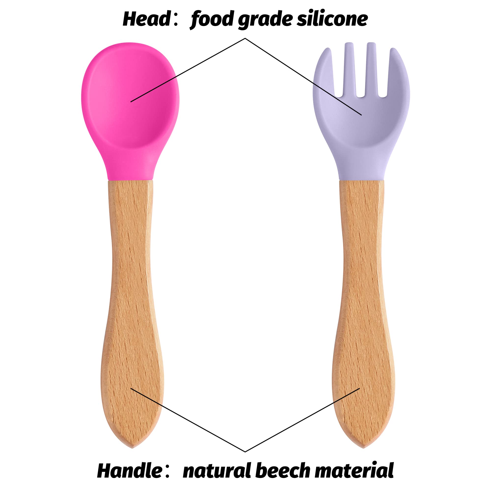 R HORSE 6Pcs Silicone Baby Forks and Spoon Set with Beech Handle Pink Purple Silicone Baby Feeding Set BPA-Free Baby Training Utensils Set Baby Led Weaning Spoon Set for Toddlers Boy Girl