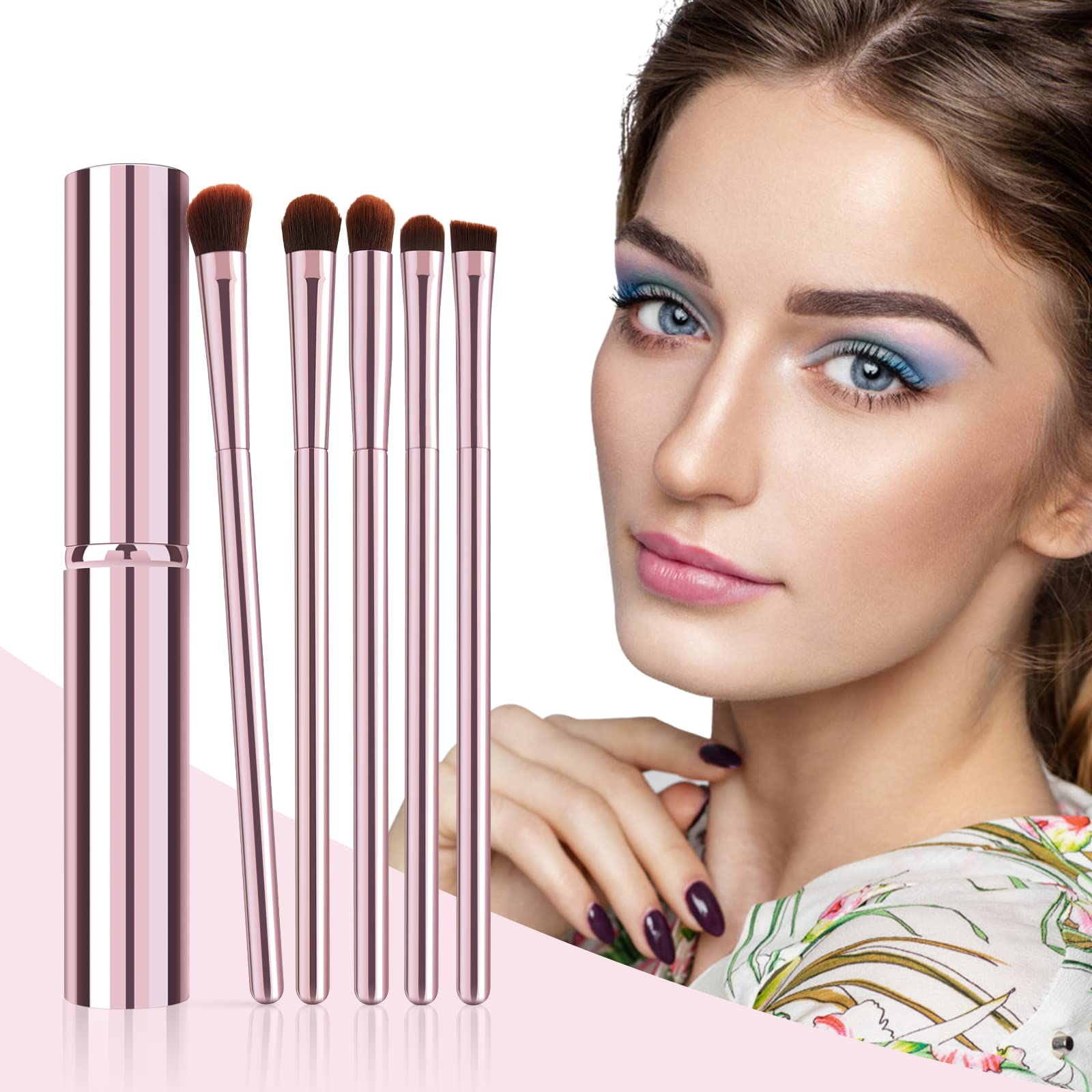 Upgrade 5pcs Eye Makeup Brushes Set, Portable Travel Eyeshadow Brush, Eyebrow Nose Eyeliner Blending Eye shadow Make up Brush(pink).