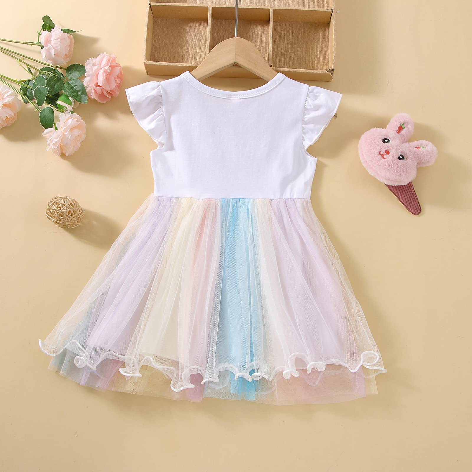 Kids Toddler Baby Girls Easter Dresses Outfits Clothes Flutter Sleeve Easter Bunny Princess Tulle Tutu Dress Playwear Sundress 18-24 Months Rainbow