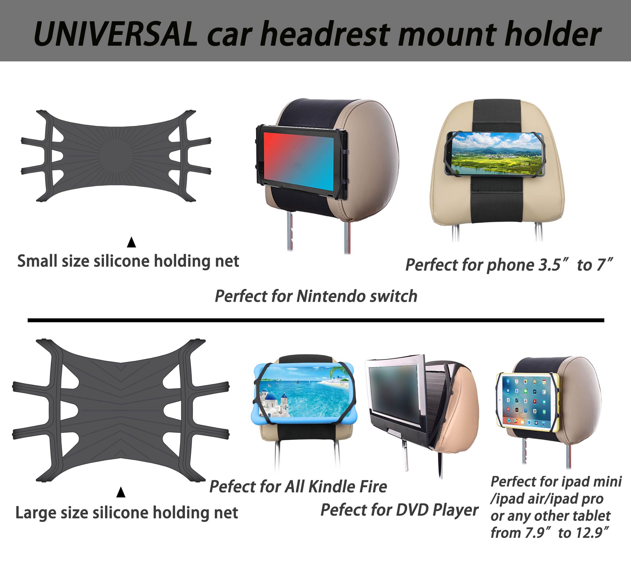 HTLAKIKJ Phone Tablet Mount Holder for Car Headrest Fits 3.5-12.9 Inch Cell Phone/Tablets/Other Devices, Car Headrest Holder Compatible with iPhone/iPad/Fire HD in Back Seat for Kids