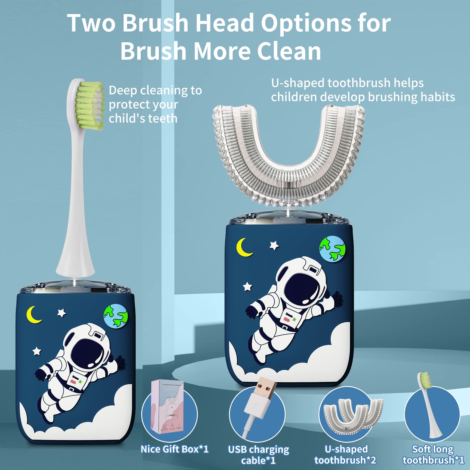 Canbrake Kids Electric Toothbrush, U Shaped Ultrasonic Automatic Toothbrush, with 3 Brush Heads, Six Smart Modes Timer Auto Toothbrush, IPX7 Waterproof Design, Cute Cartoon Tooth Brush for Children