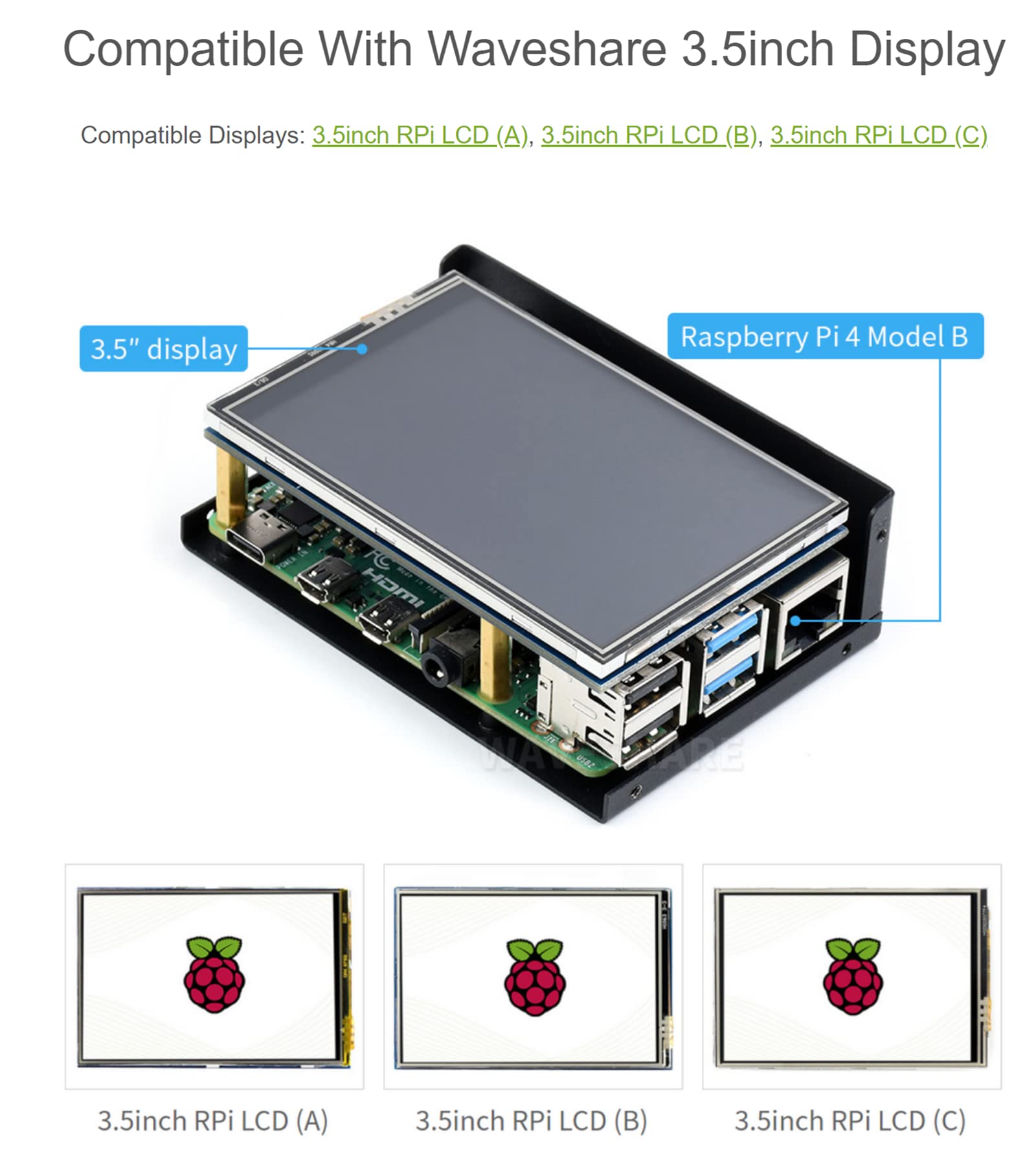 waveshare 3.5inch Display Aluminum Case for Raspberry Pi 4B, Compatible 3.5inch RPI LCD, with Heatsinks for Better Cooling, Precise Opening Design