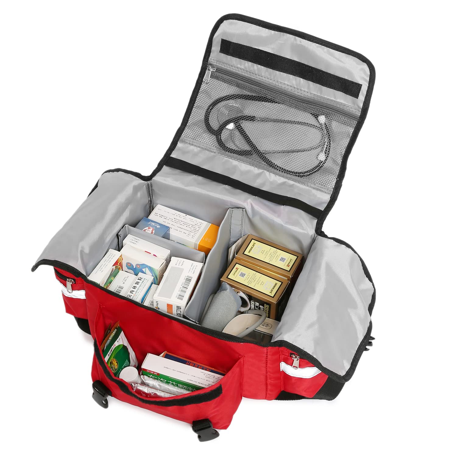 MAXPAND First Aid Bag Empty Trauma Medical Bag for Emergency First Responder Bag Organizer EMS EMT Shoulder Carry Bag 13 x9 x7 Red Middle