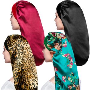 4 pack long silky sleep bonnet for curly hair, extra large hair bonnets for dreadlock and braids, long satin sleeping caps night cap for women multicolor