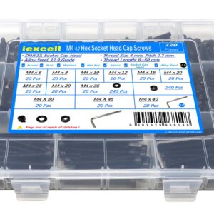 iexcell 720 Pcs M4 x 6/8/10/12/16/20/25/30/35/40/45/50 Alloy Steel 12.9 Grade Hex Socket Head Cap Screws Bolts Washers Assortment Kit, Black Oxide Finish