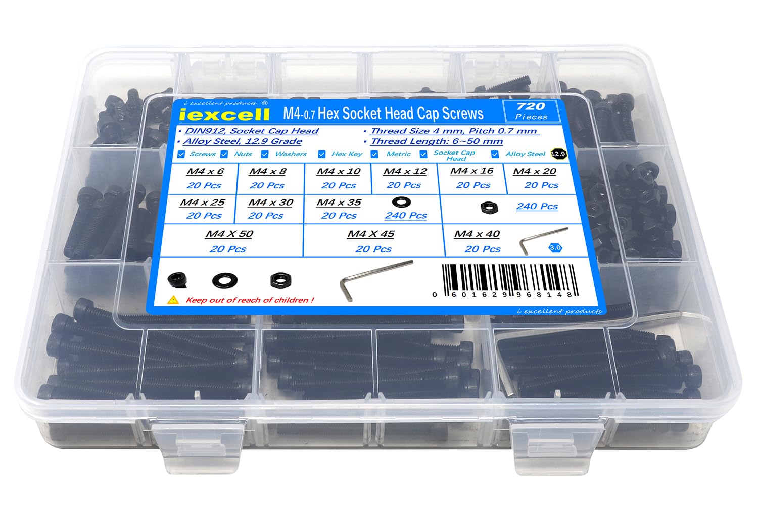 iexcell 720 Pcs M4 x 6/8/10/12/16/20/25/30/35/40/45/50 Alloy Steel 12.9 Grade Hex Socket Head Cap Screws Bolts Washers Assortment Kit, Black Oxide Finish