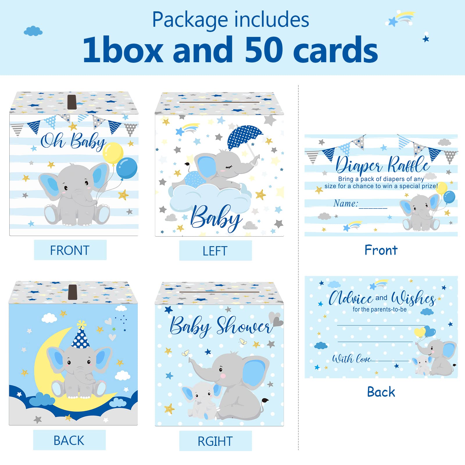 Yisong 50 Blue Elephant Diaper Raffle Tickets with Box for Baby Shower Invitations Baby Boy Elephant Themed Double Sided Card Baby Shower Birthday Decorations Gender Neutral Tickets Insert Card