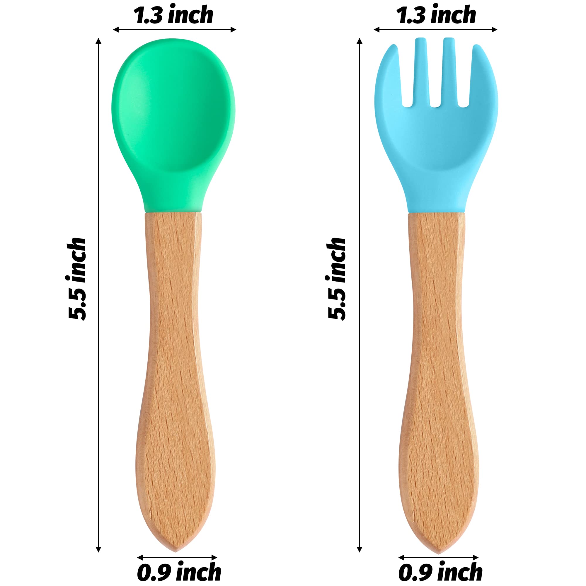 R HORSE 6Pcs Silicone Baby Forks and Spoon Set with Beech Handle Blue Green Silicone Baby Feeding Set BPA-Free Baby Training Utensils Set for Toddlers Boy Girl Self Feeding