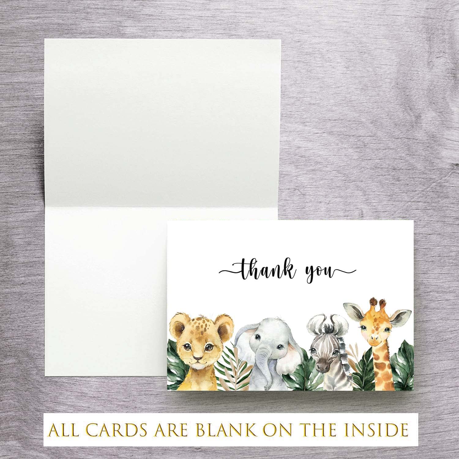 Safari Jungle Thank You Cards With Envelopes, 50 Jungle Animals Folded Baby Shower Thank You Note, 4 x 6 Wild one Notecards, Perfect for Baby Shower & Kids Birthday