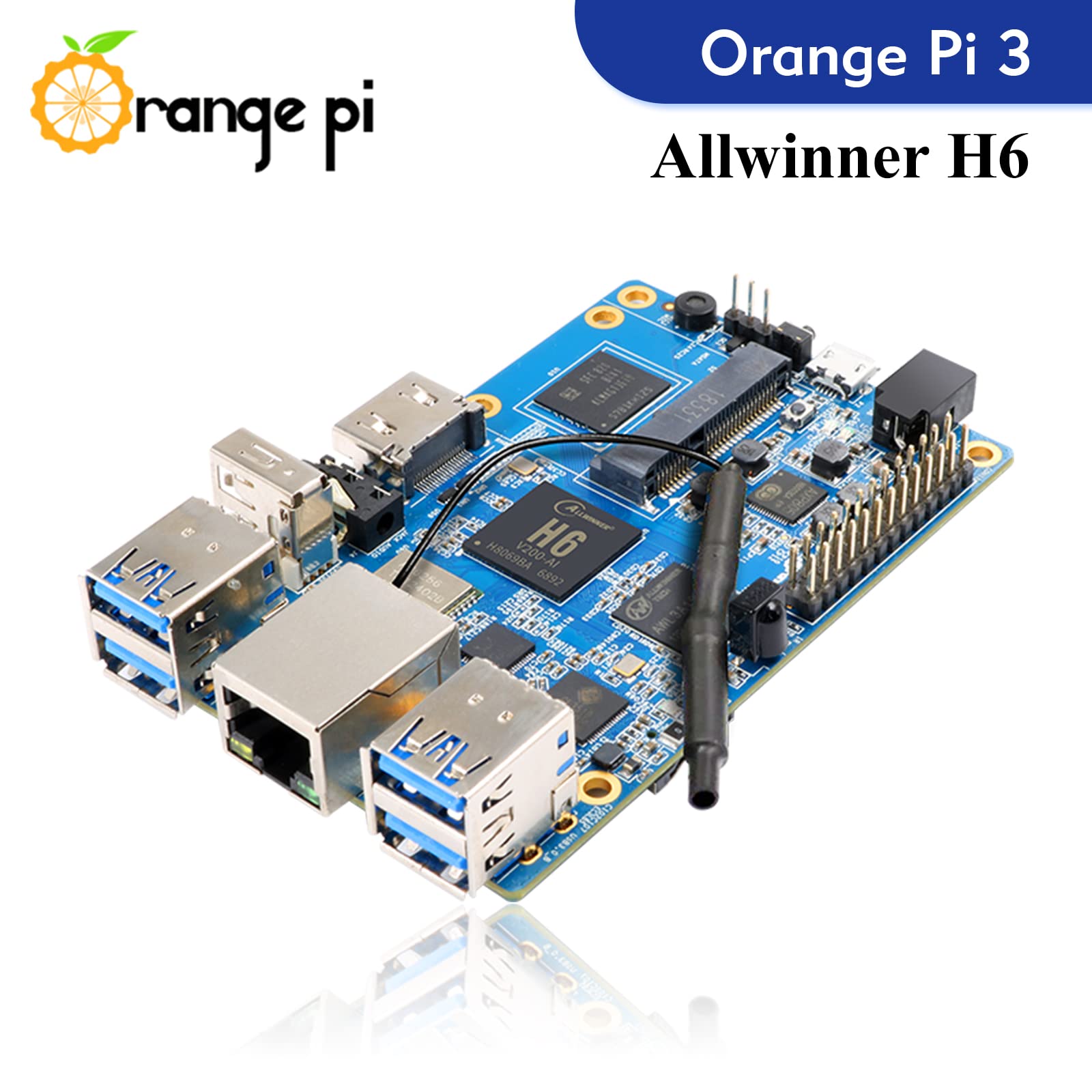 Orange Pi 3, 2G LPDDR3 AllWinner H6 Quad Core 64 Bit 1000M Ethernet Port Single Board Computer with 8G EMMC Flash, Support Android, Ubuntu, Debian (PI3)