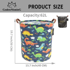 Collapsible Laundry Basket,GodenMoninG 2X 62.8L Large Sized Round Waterproof Storage Bin with Leather Handles,Toy Organizer,Children Nursery Hamper.（2 PACKS，Black Marbling & Blue Dinosaurs）