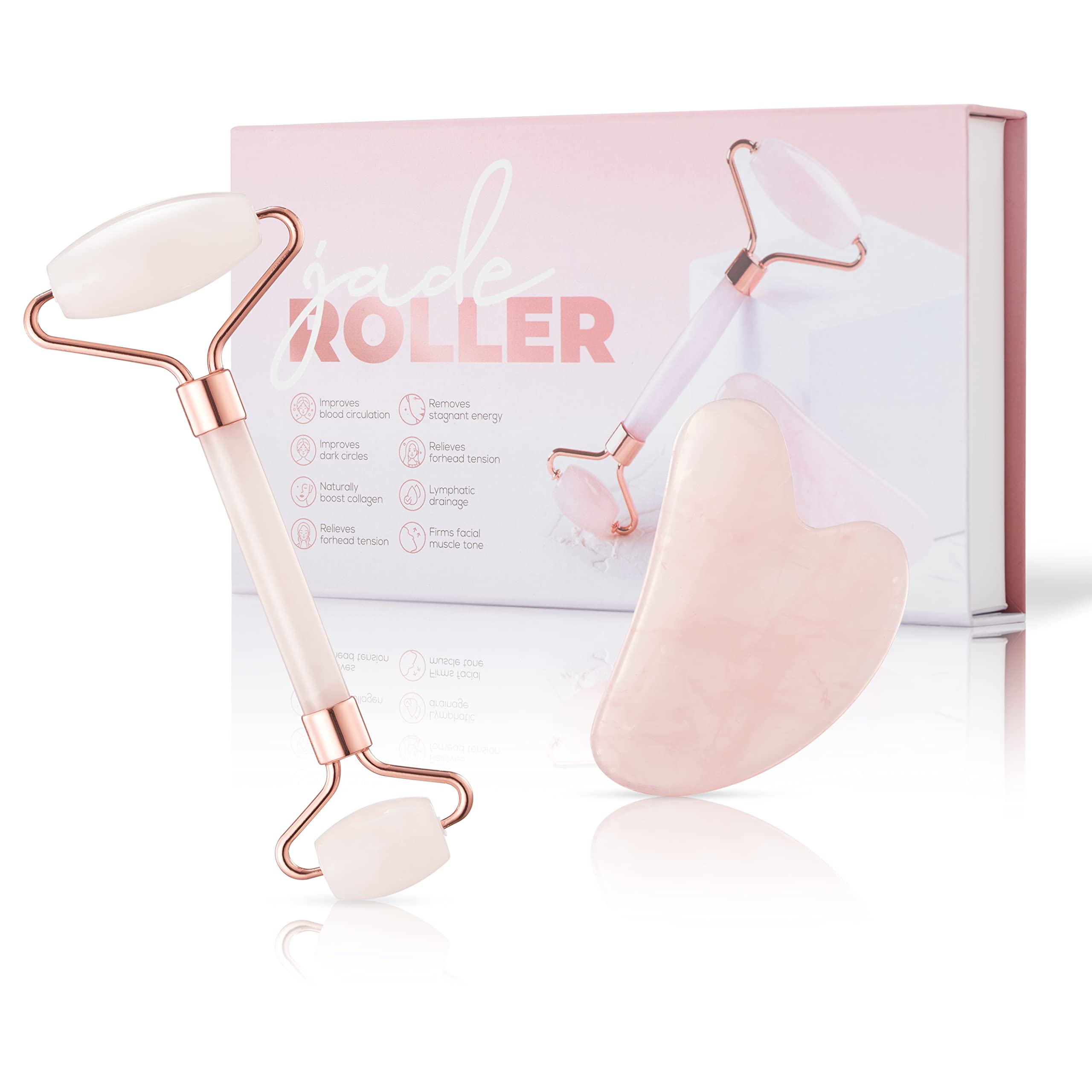 BRÜUN Jade Roller and Gua Sha Kit Genuine Rose Quartz for Face and Neck Massage – A Skin Care Roller for Facial Beauty – A Unique Gift Set for Women and girls on Birthday and Wedding