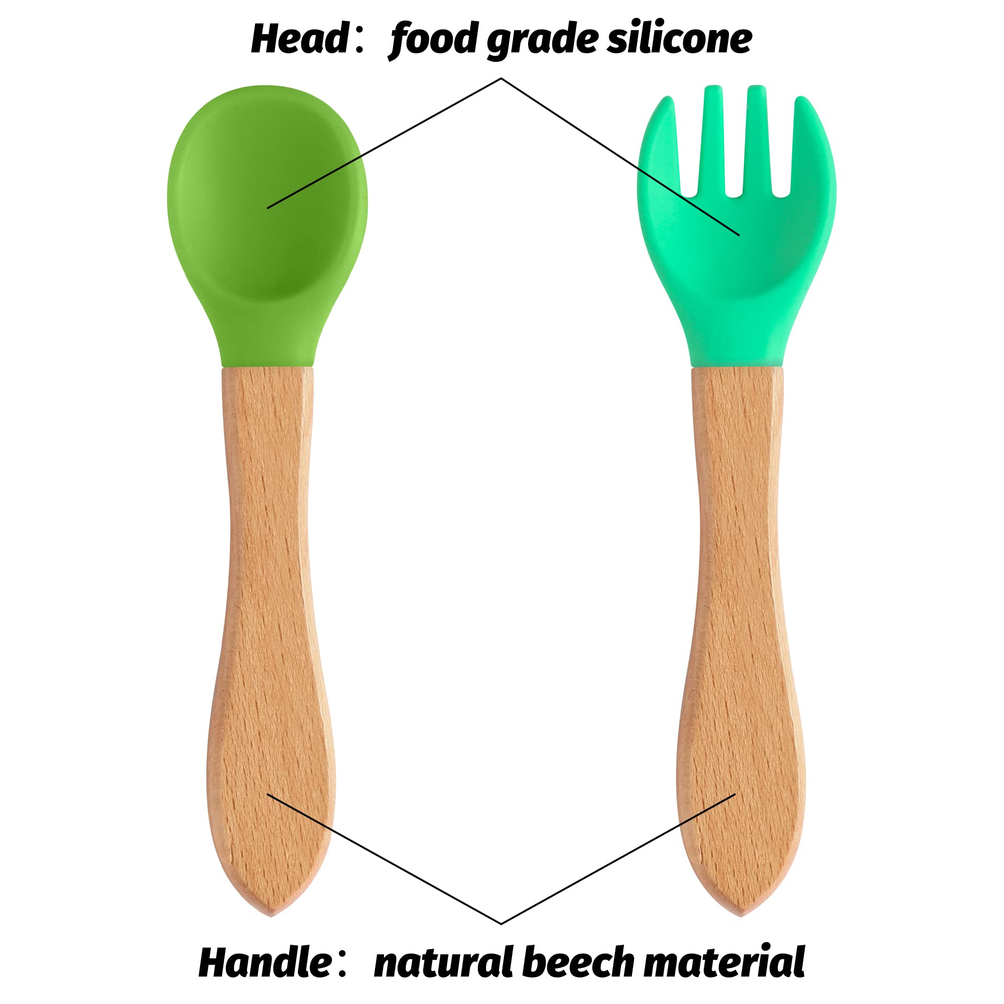 R HORSE 6Pcs Silicone Baby Forks and Spoon Set with Beech Handle Blue Green Silicone Baby Feeding Set BPA-Free Baby Training Utensils Set for Toddlers Boy Girl Self Feeding