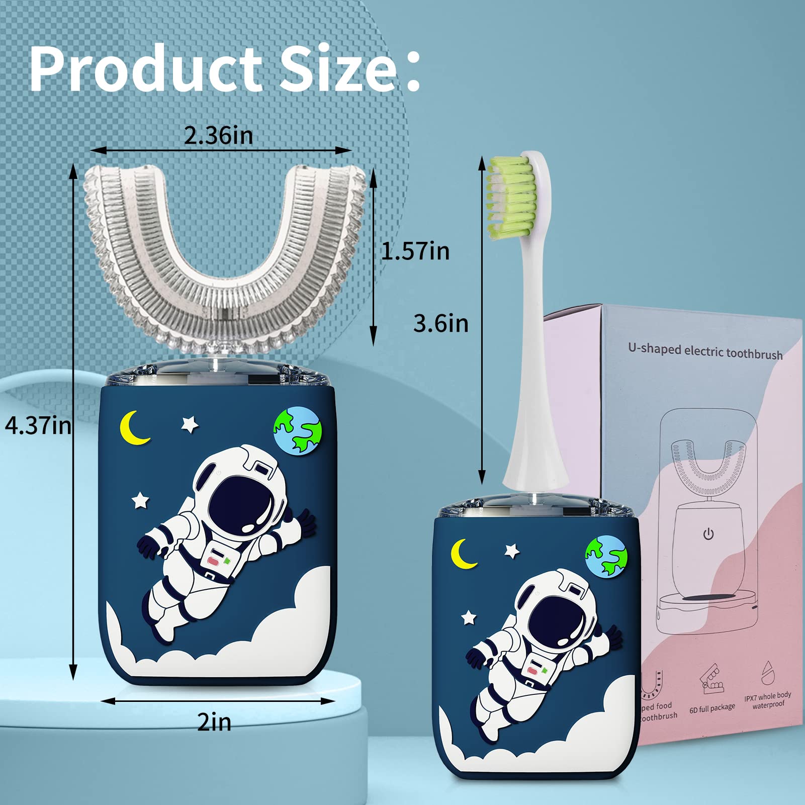 Canbrake Kids Electric Toothbrush, U Shaped Ultrasonic Automatic Toothbrush, with 3 Brush Heads, Six Smart Modes Timer Auto Toothbrush, IPX7 Waterproof Design, Cute Cartoon Tooth Brush for Children