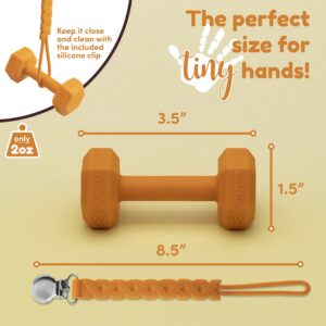 Gumbell- Baby Dumbbell Teething Toy with Pacifier Clip, Baby Toys 3-6 Months, Silicone Teether for Babies 6-12 Months, Fitness Novelty Teether (Orange)