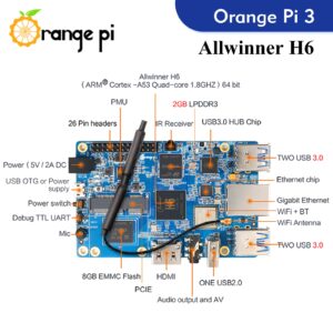 Orange Pi 3, 2G LPDDR3 AllWinner H6 Quad Core 64 Bit 1000M Ethernet Port Single Board Computer with 8G EMMC Flash, Support Android, Ubuntu, Debian (PI3)