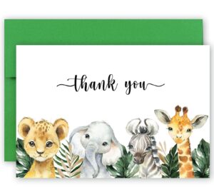 safari jungle thank you cards with envelopes, 50 jungle animals folded baby shower thank you note, 4 x 6 wild one notecards, perfect for baby shower & kids birthday