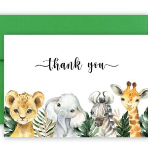 Safari Jungle Thank You Cards With Envelopes, 50 Jungle Animals Folded Baby Shower Thank You Note, 4 x 6 Wild one Notecards, Perfect for Baby Shower & Kids Birthday