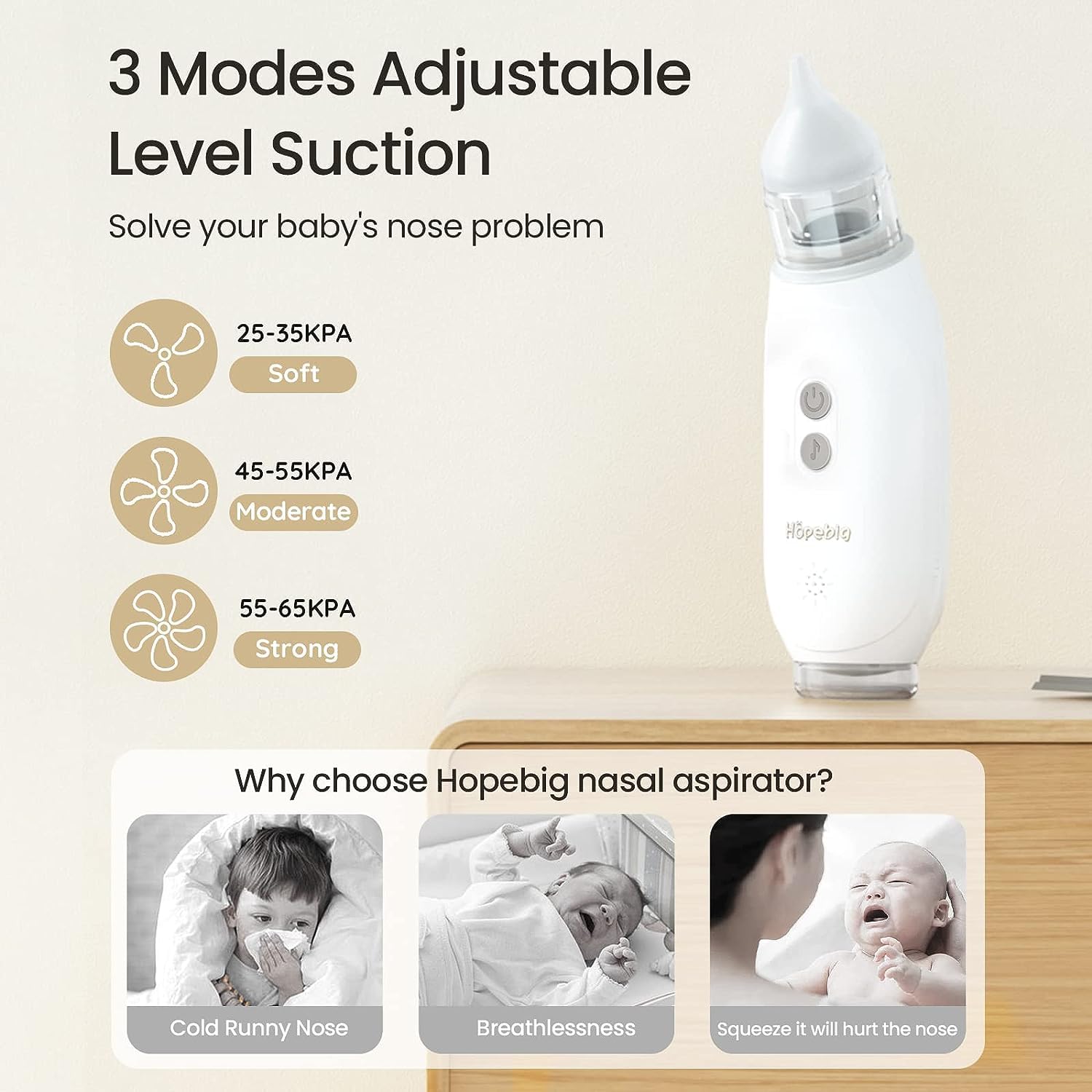 Hopebig Nasal Aspirator Baby Nose Sucker, Electric Baby Nose Sucker with Adjustable 3 Levels Suction & 2 Size Nozzles with Music & Light Soothing Function for Toddler