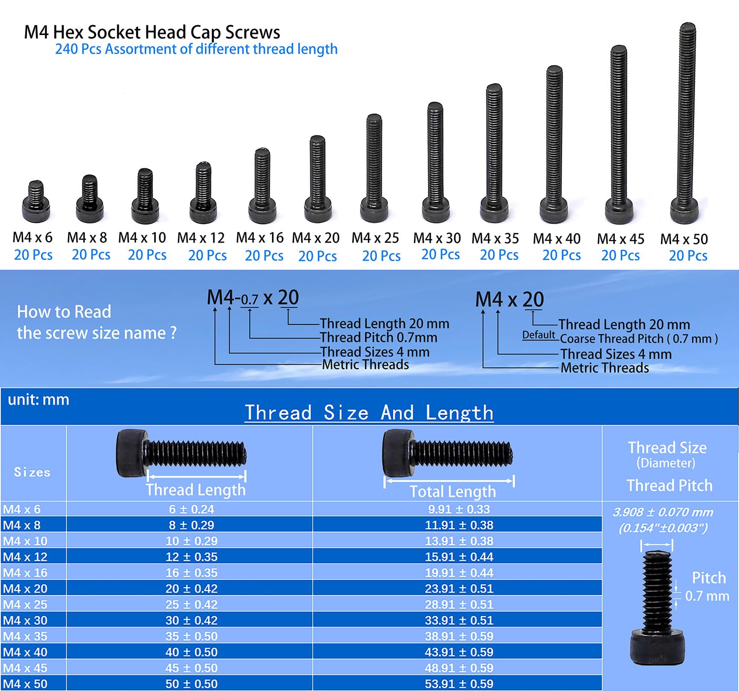 iexcell 720 Pcs M4 x 6/8/10/12/16/20/25/30/35/40/45/50 Alloy Steel 12.9 Grade Hex Socket Head Cap Screws Bolts Washers Assortment Kit, Black Oxide Finish