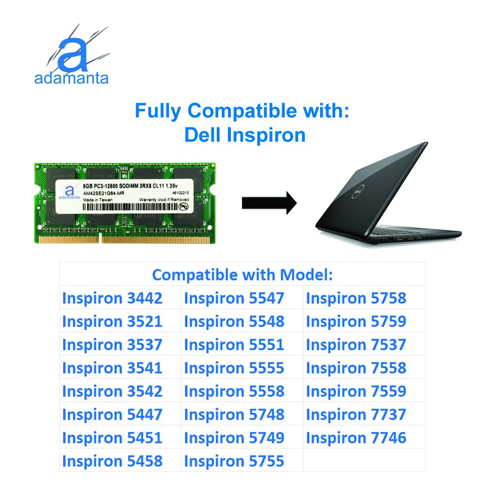 Adamanta 8GB (1x8GB) Compatible for Dell Latitude E7450, E7250, 7250, E5550, 5550, E5450, 5450, E5250, 5250 DDR3L 1600Mhz PC3L-12800 SODIMM 2Rx8 CL11 1.35v Notebook Laptop Memory RAM Upgrade