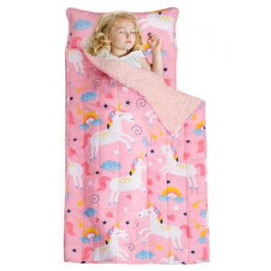 toddler nap mat with kids weighted blanket 3lbs and pillow, 50 x 20 inches, insugar 2-in-1 kids sleeping bag weighted, extra long, soft and cozy for preschool, children daycare, travel, pink unicorn